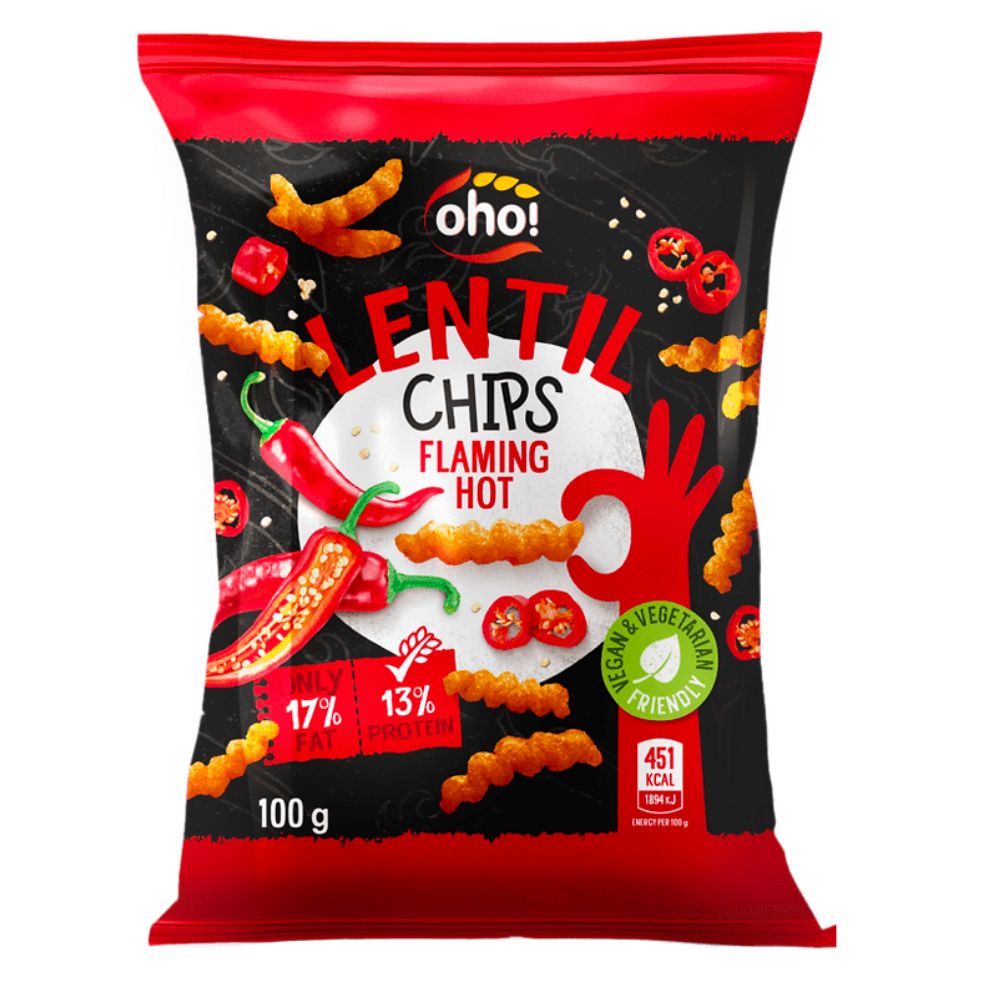 Oho Lentil Chips Flaming Hot - chips di lenticchie piccanti da 100g ...